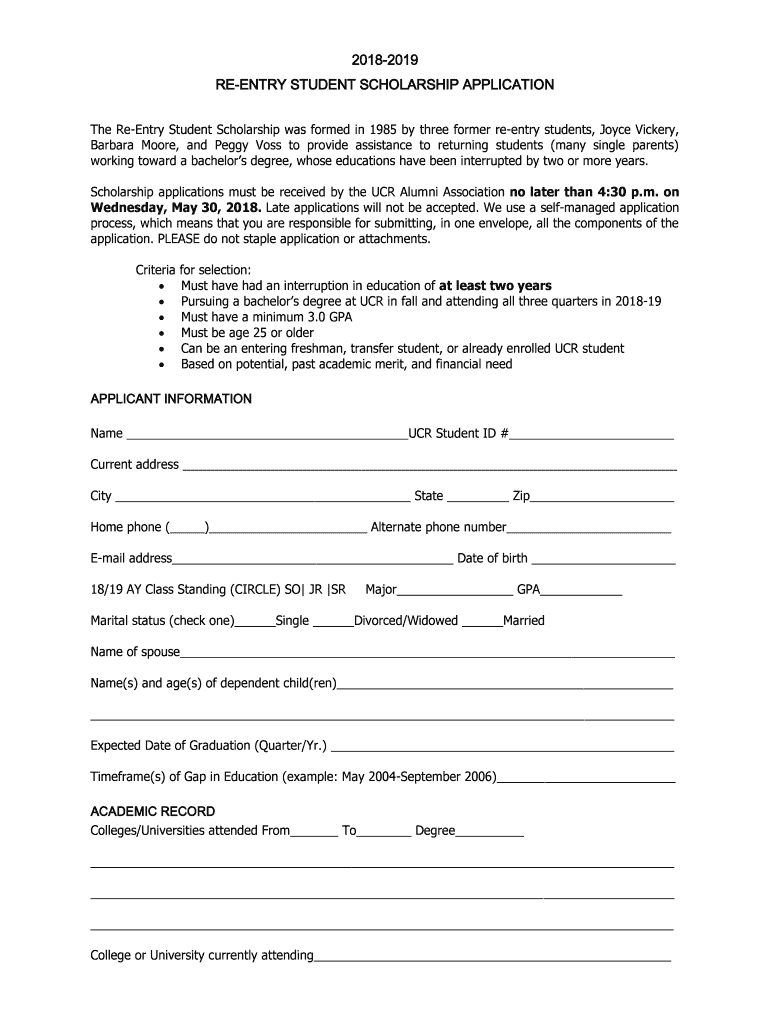 Fillable Online alumni ucr 2018-2019 RE-ENTRY STUDENT SCHOLARSHIP ...