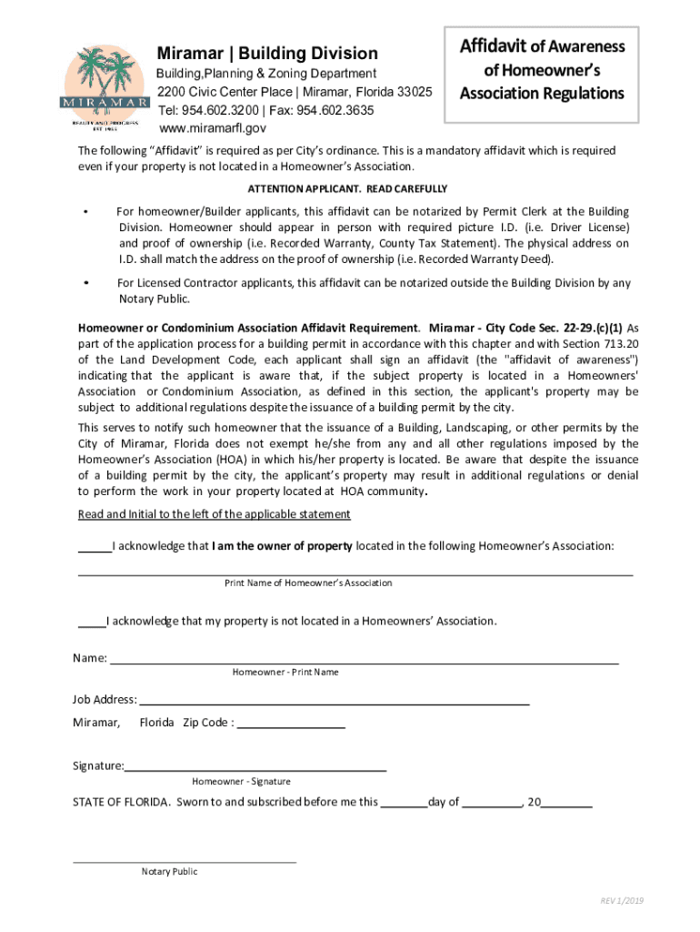 Affidavit of Awareness of Homeowner's Association Regulation: Fill out ...
