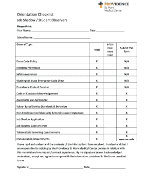 Fillable Online Job Shadow Orientation ChecklistProvidence St. Mary ...