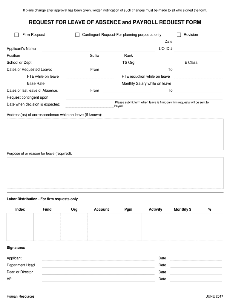 Fillable Online hr uoregon REQUEST FOR LEAVE OF ABSENCE and PAYROLL REQUEST FORM Fax Email Print ...