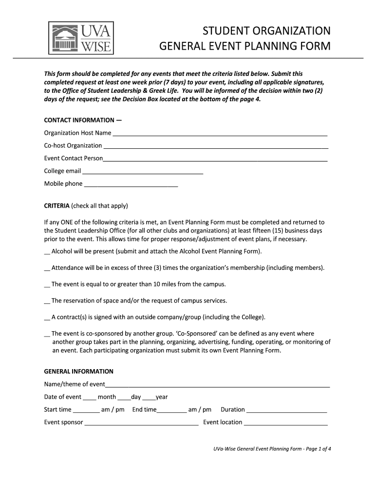 Fillable Online student organization general event planning form - UVa-Wise Fax Email Print ...