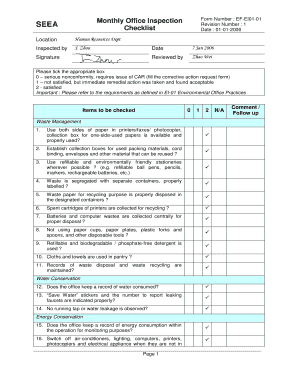 Fillable Online Monthly Office Inspection Form Number : EF -EI01 01 ...