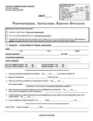 Fillable Online PARAPROFESSIONAL INSTRUCTIONAL ASSISTANT APPLICATION ...