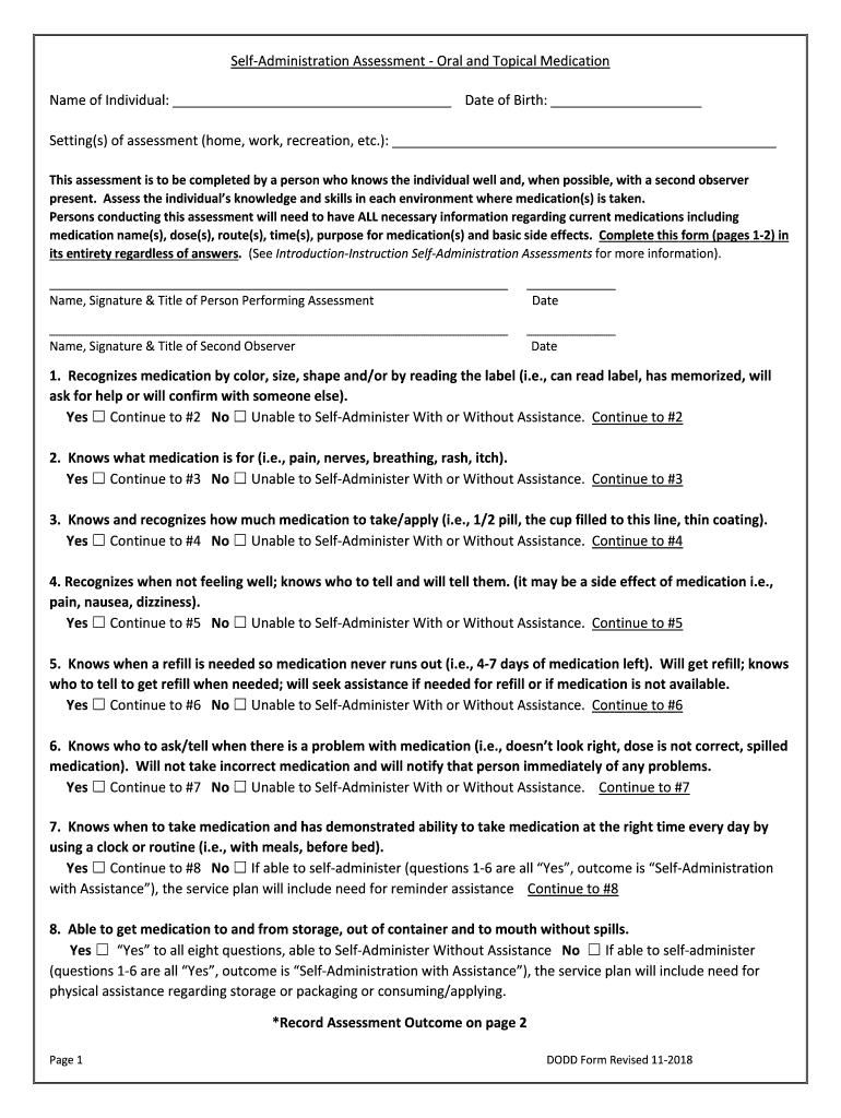Fillable Online dodd ohio Self?Administration Assessment ? Oral and ...