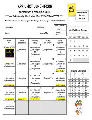 Fillable Online APRIL HOT LUNCH FORM - bradshawchristian.com Fax Email ...