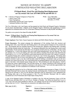 Fillable Online notice of intent to adopt a mitigated negative ... - City of Belvedere Fax Email ...