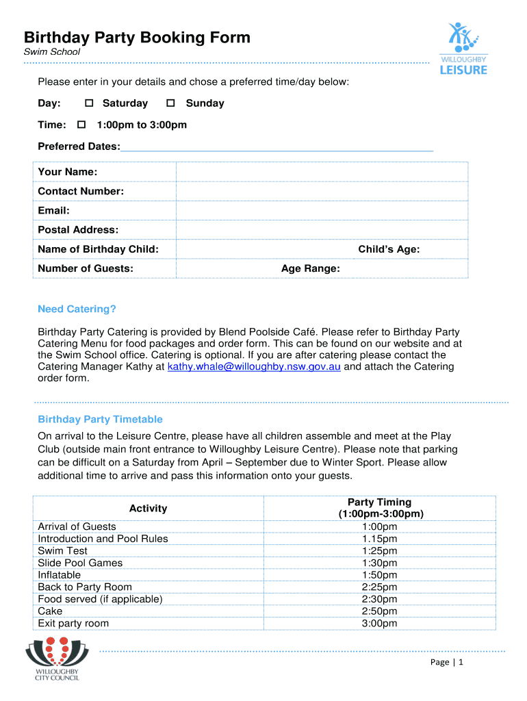 Fillable Online WLC - Birthday Party Booking Form Fax Email Print ...