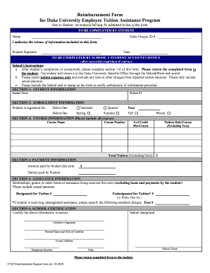 Fillable Online hr duke Reimbursement Form for Duke University Employee ...