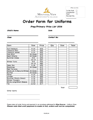 Fillable Online Completed!!! ReceiptNo.! Order Form for Uniforms Fax ...