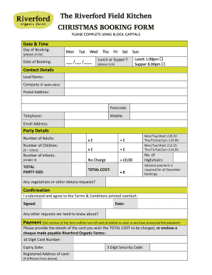 Fillable Online The Riverford Field Kitchen CHRISTMAS BOOKING FORM Fax ...