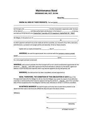 Fillable Online Maintenance Bond - Chesterfield Township Fax Email ...