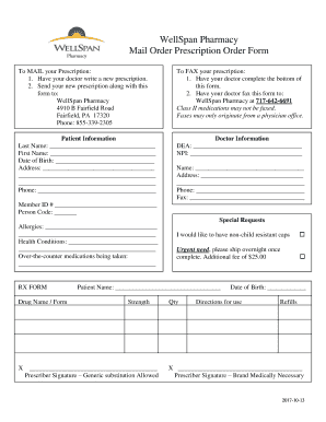 WellSpan Pharmacy Mail Order Prescription Order Form - Fill and Sign ...