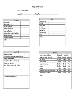 Fillable Online College Visit Worksheet Cost Minimum GPA Application ...
