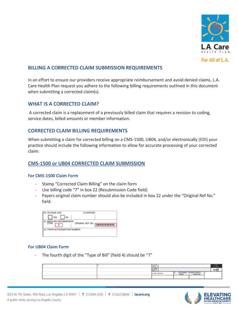 Fillable Online Corrected Claim Billing Requirements. Corrected Claim ...