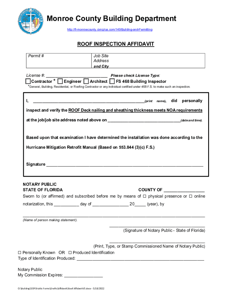 2022-2026 Form FL Roof Inspection Affidavit - Monroe County Fill Online, Printable, Fillable ...