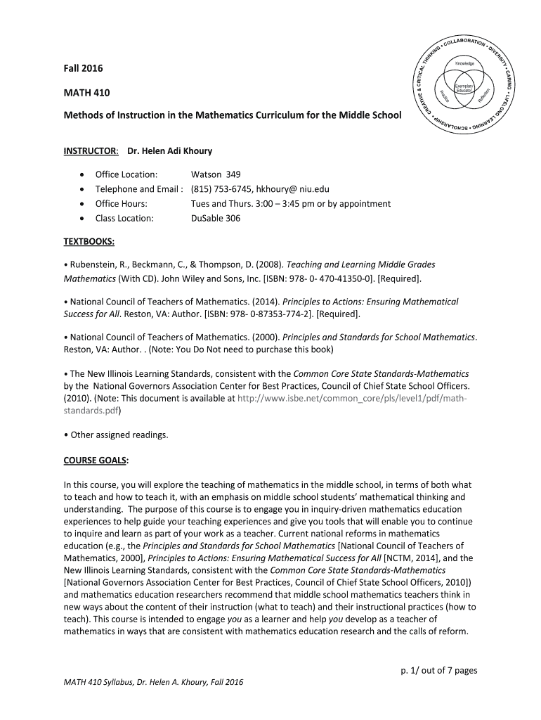 Fillable Online Fall 2016 MATH 410 Methods of Instruction in the ...