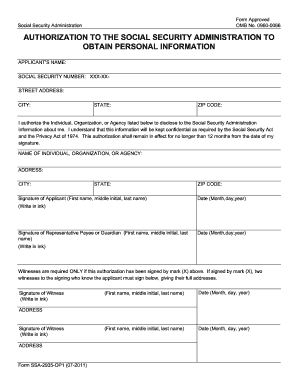 Fillable Online SSA-2935-OP1 Authorization to SSA to Obtain Personal ...