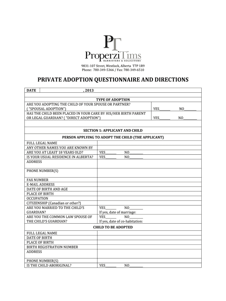 Fillable Online private adoption questionnaire and directions ...