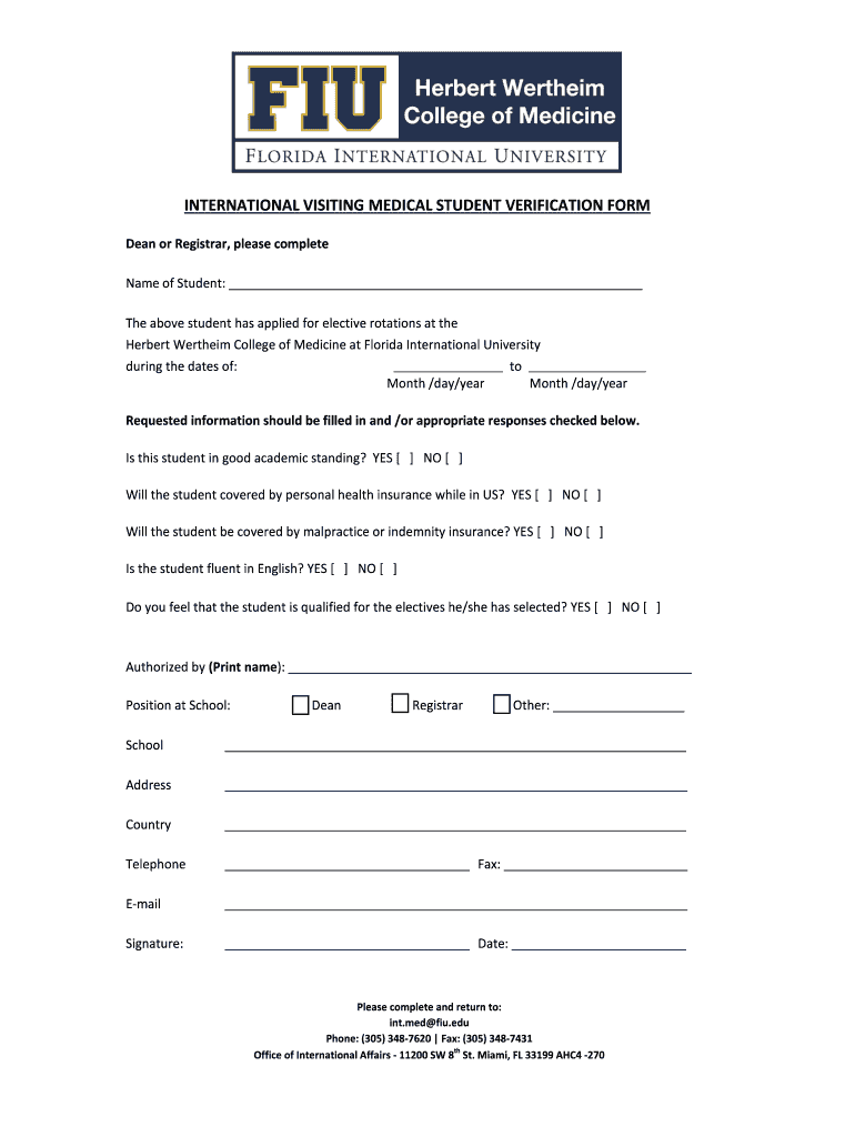 Fillable Online medicine fiu INTERNATIONAL VISITING MEDICAL STUDENT ...