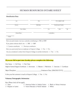 Fillable Online HUMAN RESOURCE S INTAKE SHEET - grayson.edu Fax Email ...