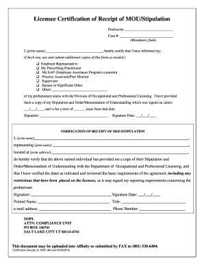 Fillable Online dopl utah Licensee Certification of Receipt of MOU/Stipulation Fax Email Print ...