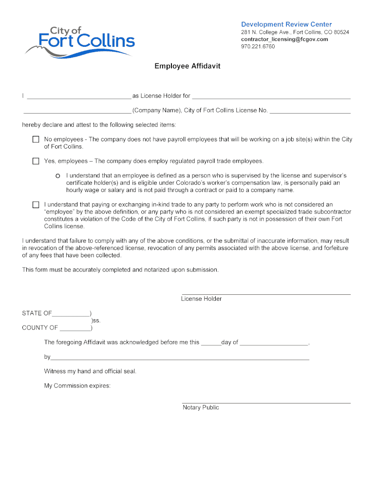 Fillable Online Employee Affidavit - City of Fort Collins Fax Email ...