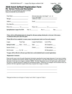 Fillable Online 2018 Adult Softball Registration Form Department Fax ...