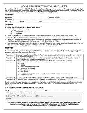 Fillable Online AFL GENDER DIVERSITY POLICY APPLICATION FORM Fax Email ...