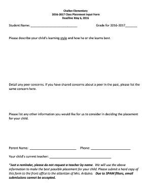 Fillable Online Chalker Elementary 2016-2017 Class Placement Input Form ...