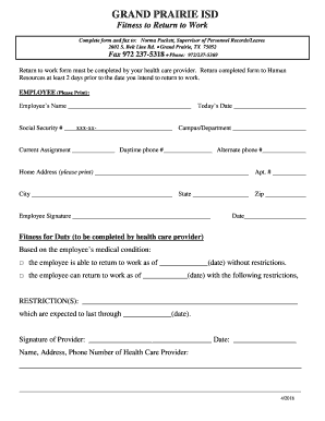 Fillable Online Fitness to Return to Work Fax Email Print - pdfFiller
