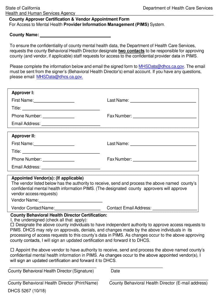 Fillable Online DHCS 5267 County Approver Certification and Vendor ...