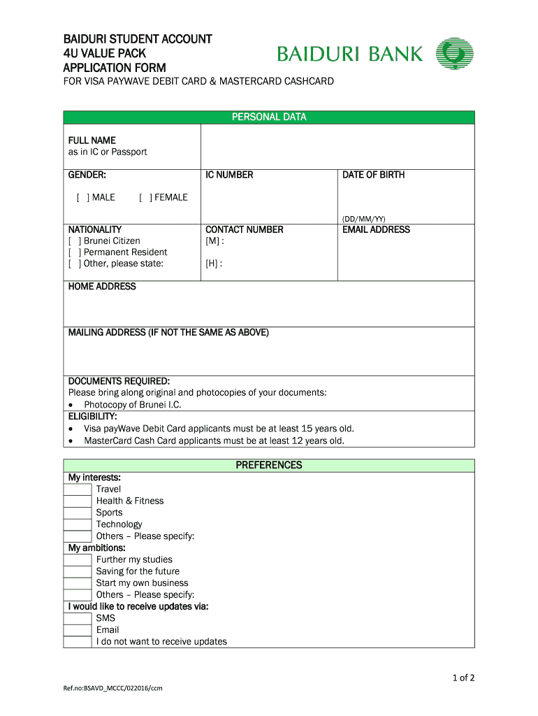 Fillable Online baiduri student account 4u value pack application form ...