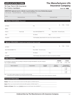 Fillable Online 10-Year Term Life Insurance Application for Costco ...
