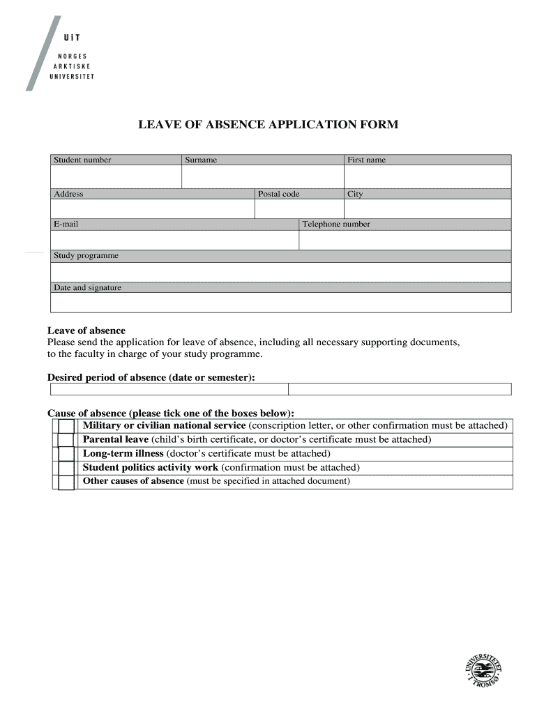 Fillable Online LEAVE OF ABSENCE APPLICATION FORM - intranett.uit.no ...