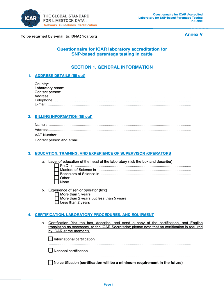 Fillable Online Annex V Questionnaire for ICAR laboratory accreditation ...