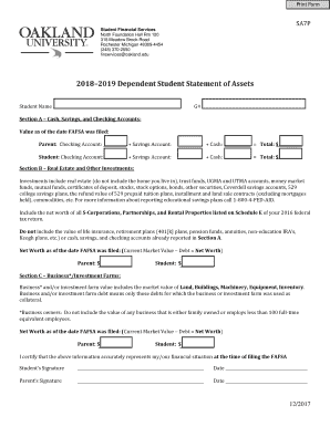 Fillable Online 20182019 Dependent Student Statement of Assets Fax ...