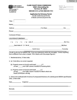 Fillable Online Driveway Application - Clare County Road Commission Fax ...
