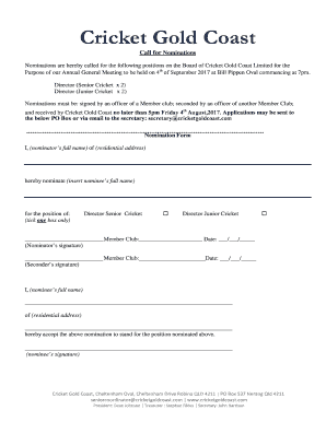Fillable Online 2016 Nomination Form - Cricket Gold Coast Fax Email ...