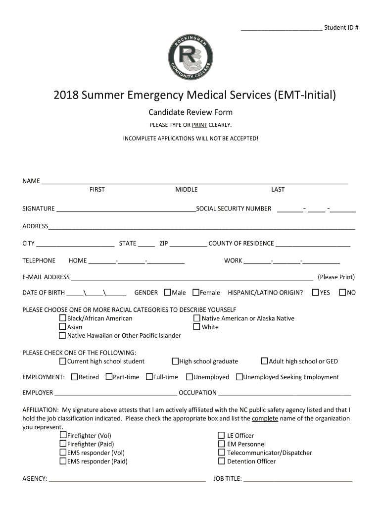 Fillable Online 2018 Summer Emergency Medical Services (EMT-Initial ...