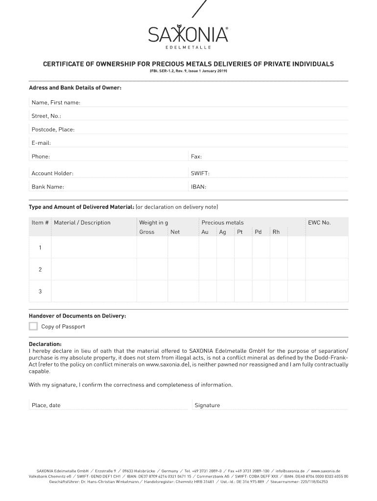 Fillable Online certificate of ownership for precious metals deliveries ...