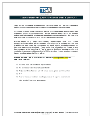 Fillable Online SUBCONTRACTOR PRE-QUALIFICATION COVER SHEET & CHECKLIST Fax Email Print - pdfFiller