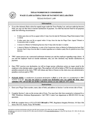 Fillable Online twc texas Wage Claim Satisfaction of Payment ...