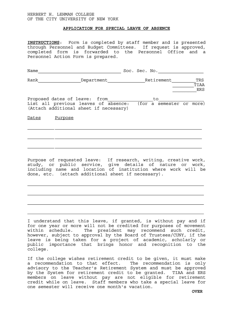 Fillable Online APPLICATION FOR SPECIAL LEAVE OF ABSENCE Fax Email ...