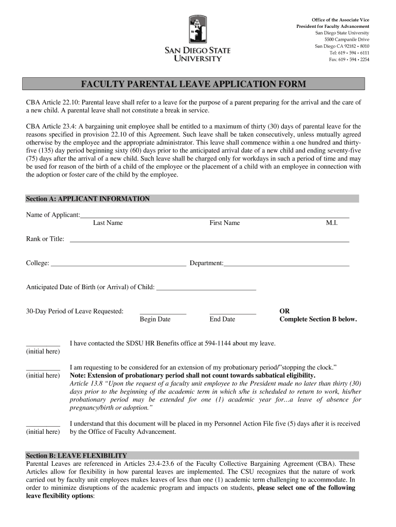 Fillable Online fa sdsu faculty parental leave application form ...