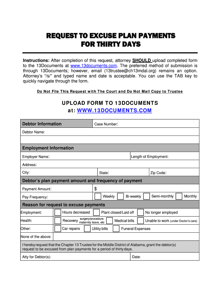 Fillable Online request to excuse plan payments for thirty days ...