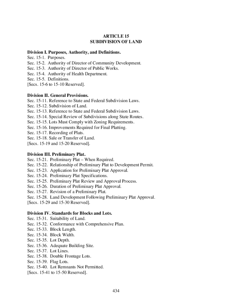 Fillable Online Article 15 Subdivision of Land. Subdivision of Land Fax ...