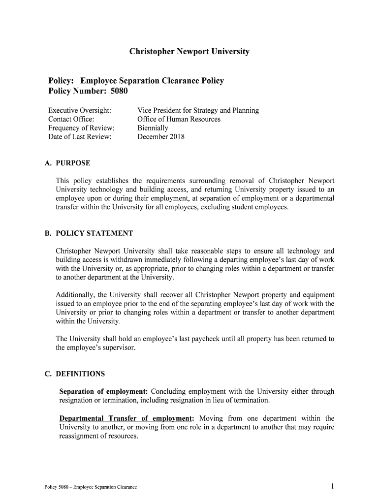 Fillable Online Employee Separation Clearance Policy - Christopher ...