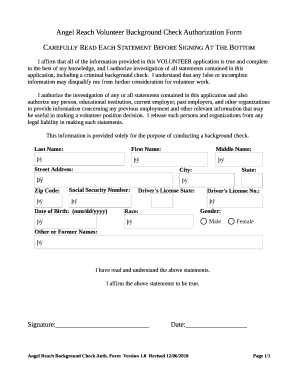 Fillable Online Angel Reach Volunteer Background Check Authorization ...