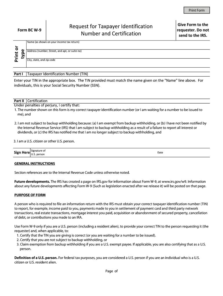 Fillable Online BC W-9 (Fillable PDF) Fax Email Print - pdfFiller