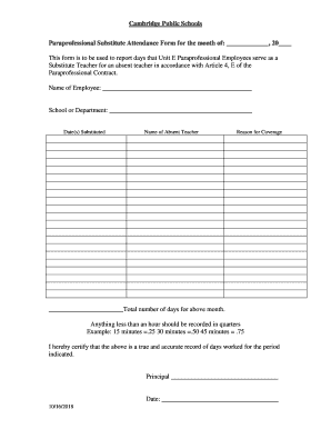 Fillable Online Paraprofessional Substitute Attendance Form Fax Email ...